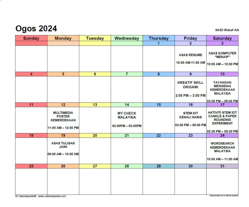 JADUAL AKTIVITI BULAN OGOS 2024 – NADI Kg Wakaf Aik